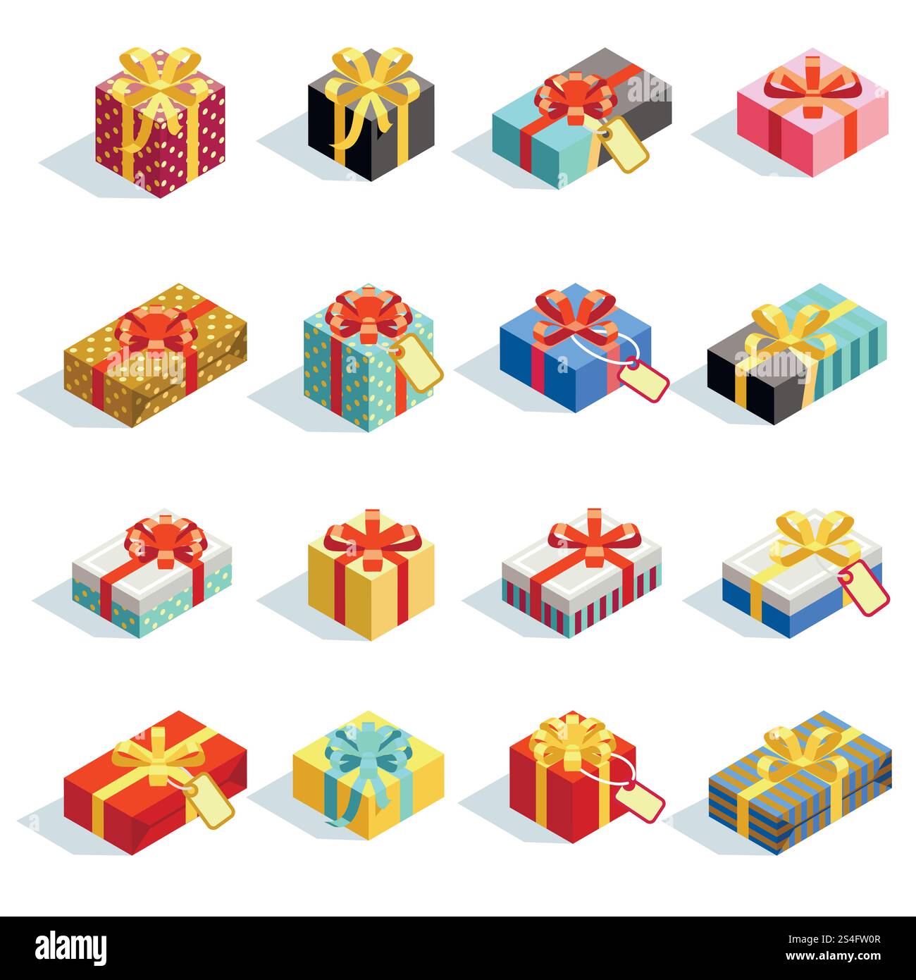 Big set of different colored 3D giftboxes with ribbons isolated. Color giftbox for birthday and ...