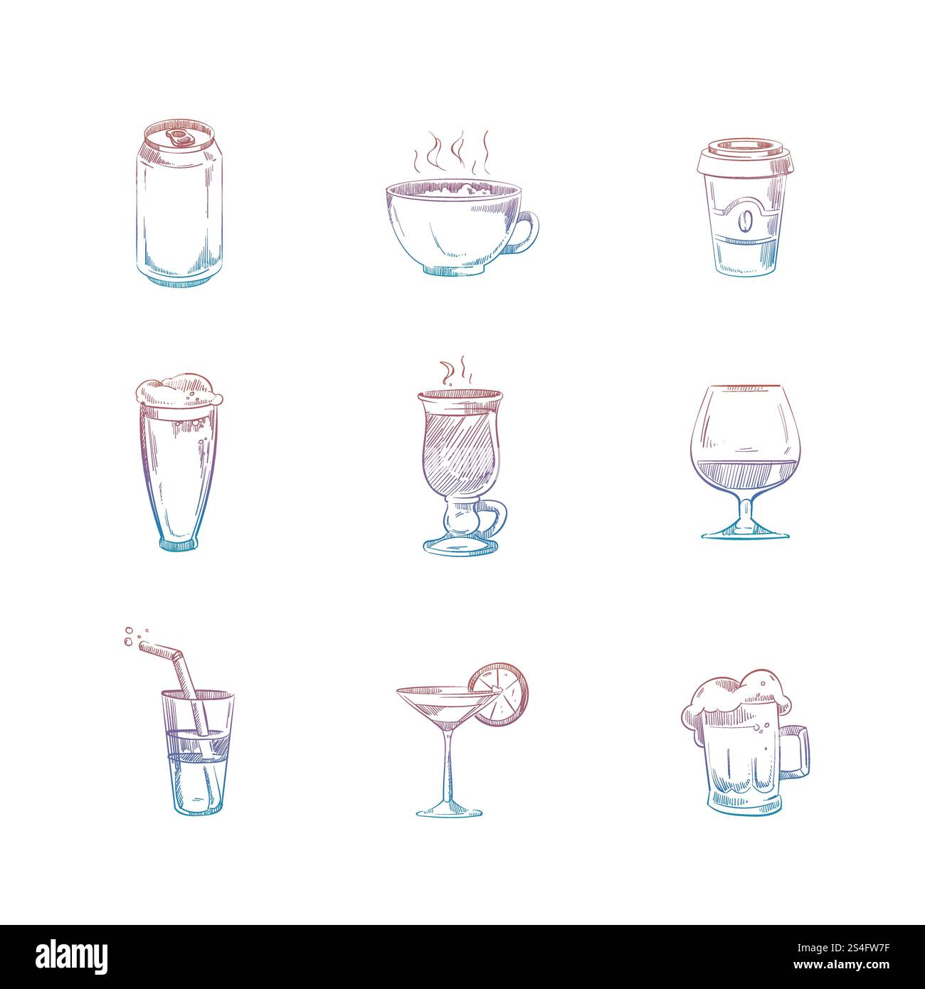 Colorful hand drawn drinks set on white background. Vector illustration ...