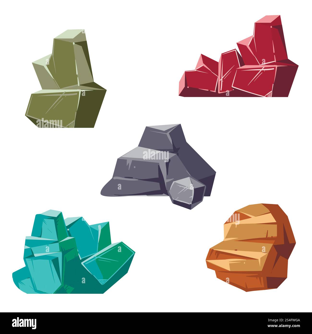 Set of rocks and crystals. Cartoon isometric 3D flat style mineral ...