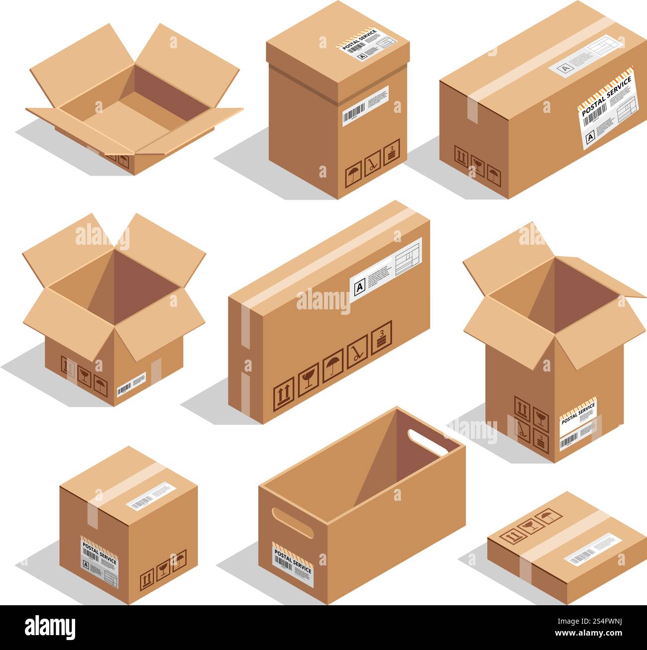 Opening and closed cardboard boxes. Isometric cardboard box open and ...