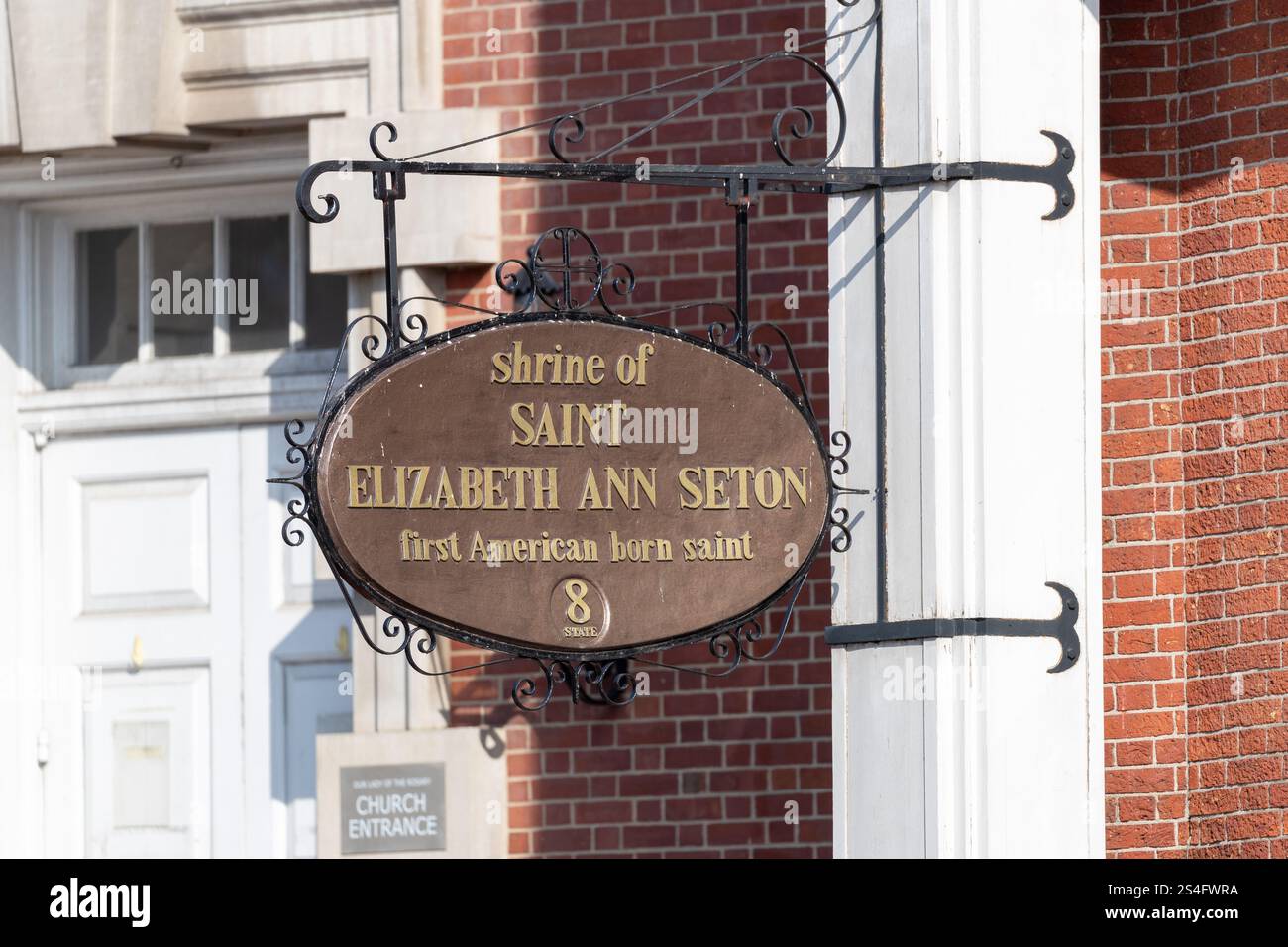 Sign marking the shrine of saint Elizabeth Ann Seaton on church ...