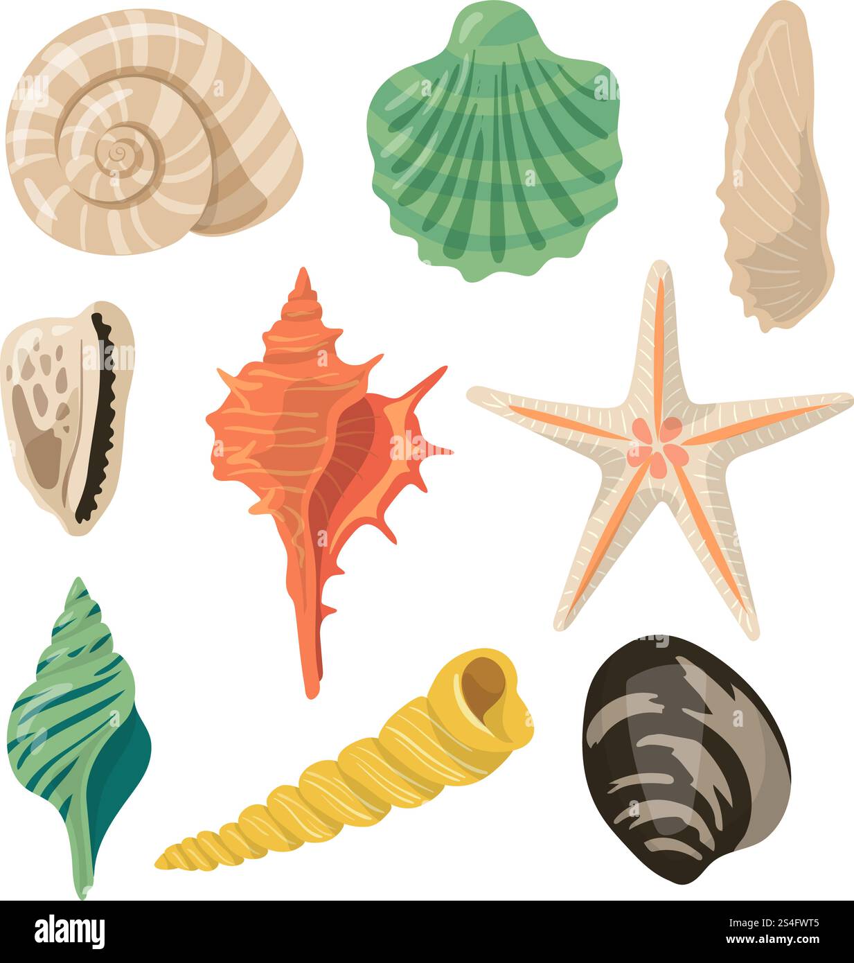 Shells of sea in sand. Aquatic vector icons in cartoon style. Seashell ...