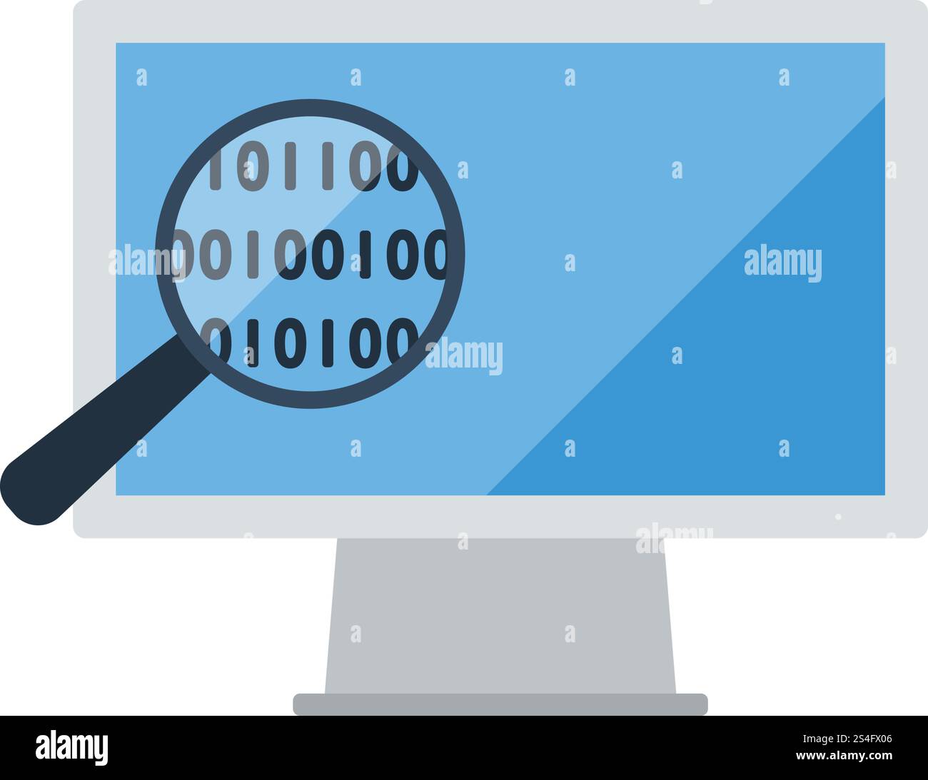 Data Analysing Icon. Magnifying Glass With Binary Code in Front of Monitor. Flat color design ...