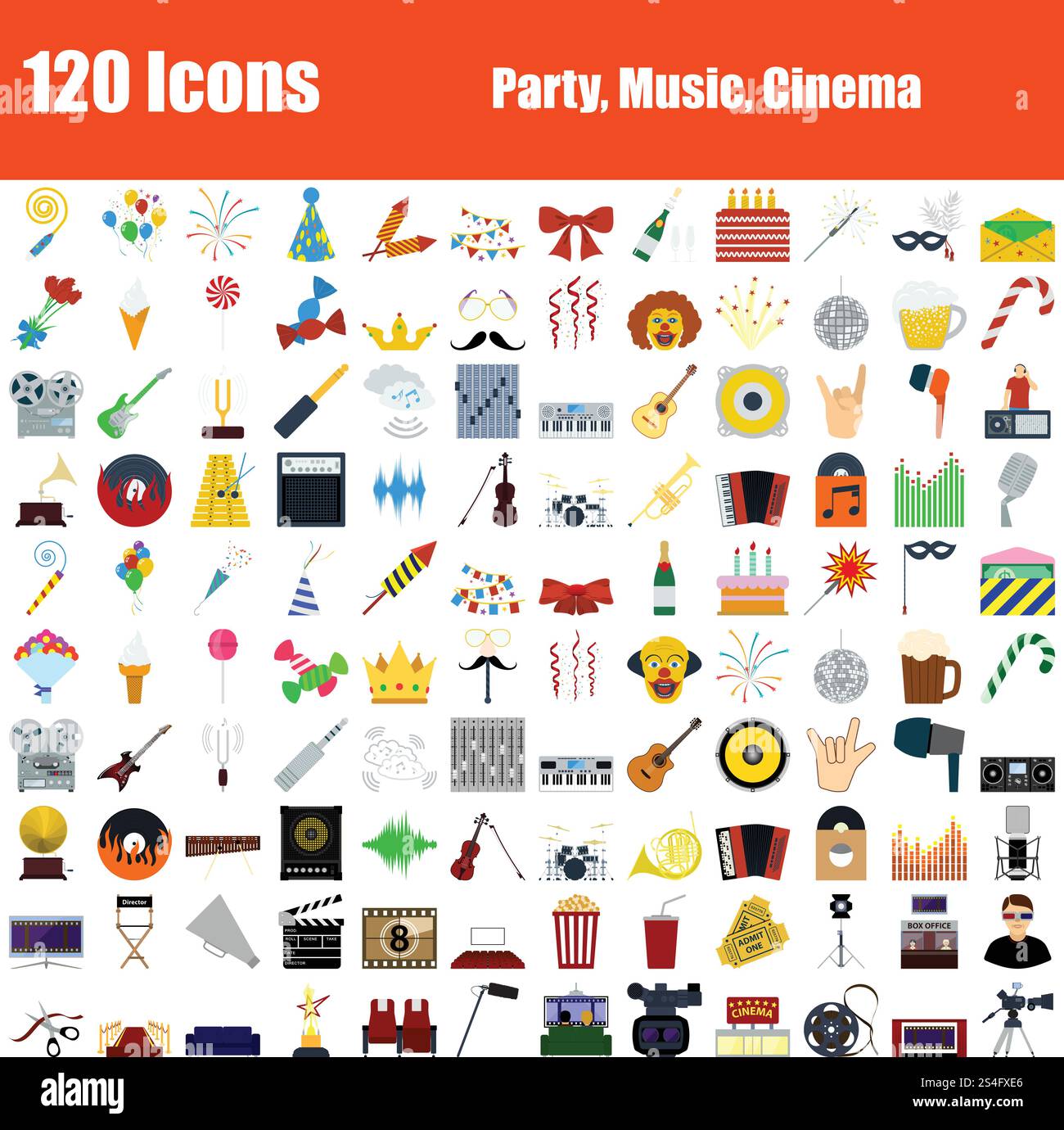 Set of 120 icons. Party, Music, Cinema themes. Color Flat Design ...