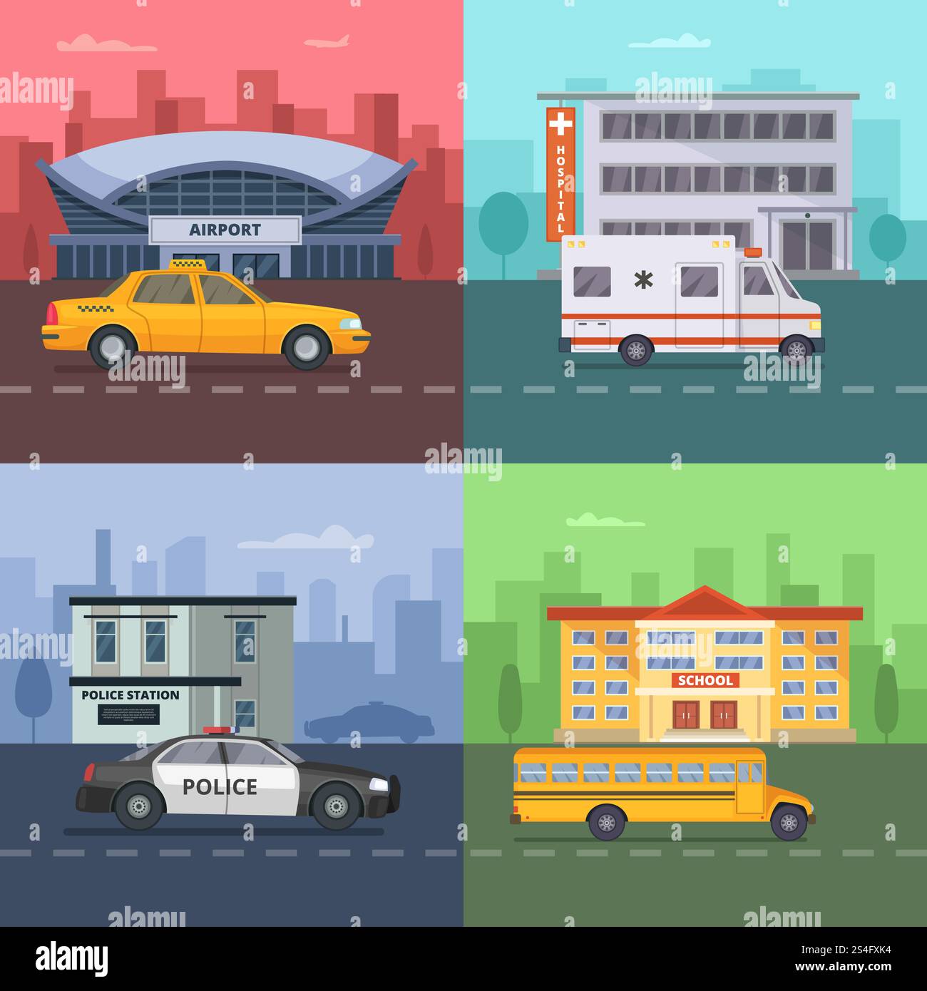 Background illustrations with different municipal transport. Hospital ...