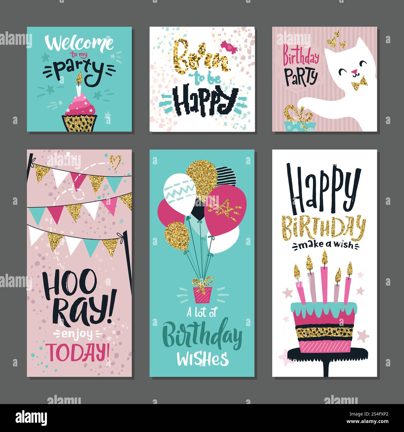 Set of greetings cards. Invitation for birthday party. Vector design ...