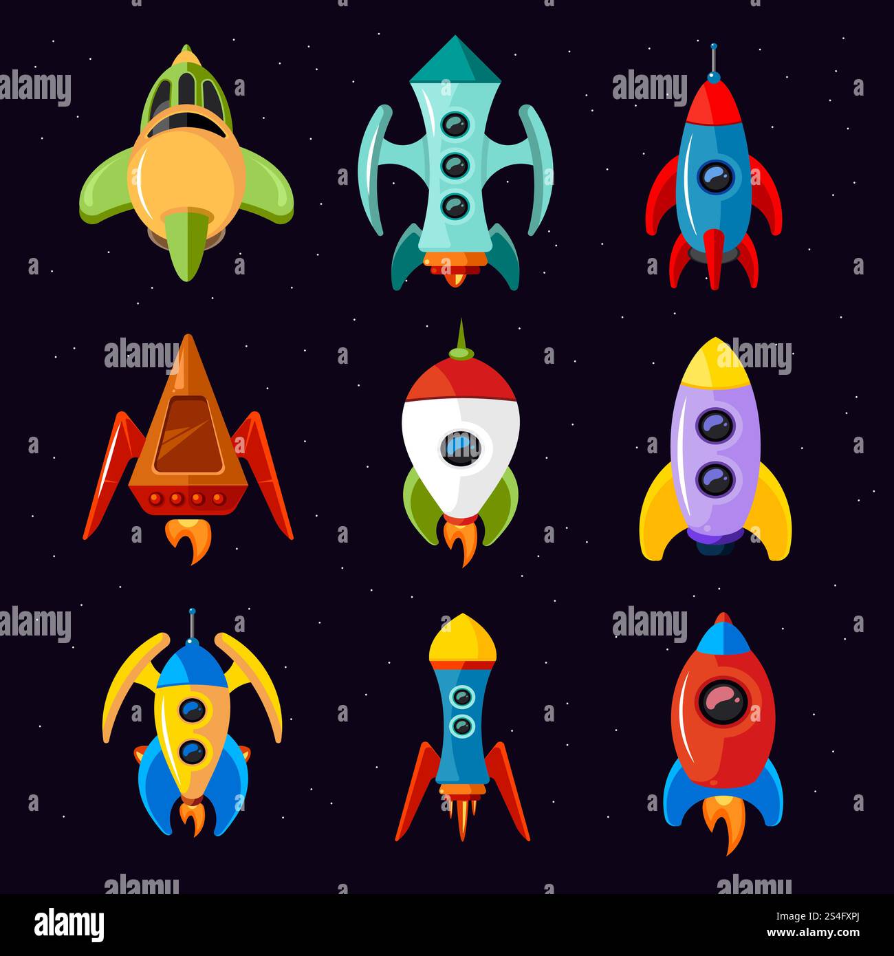 Cartoon spaceships isolated on white background. Rocket and futuristic ...