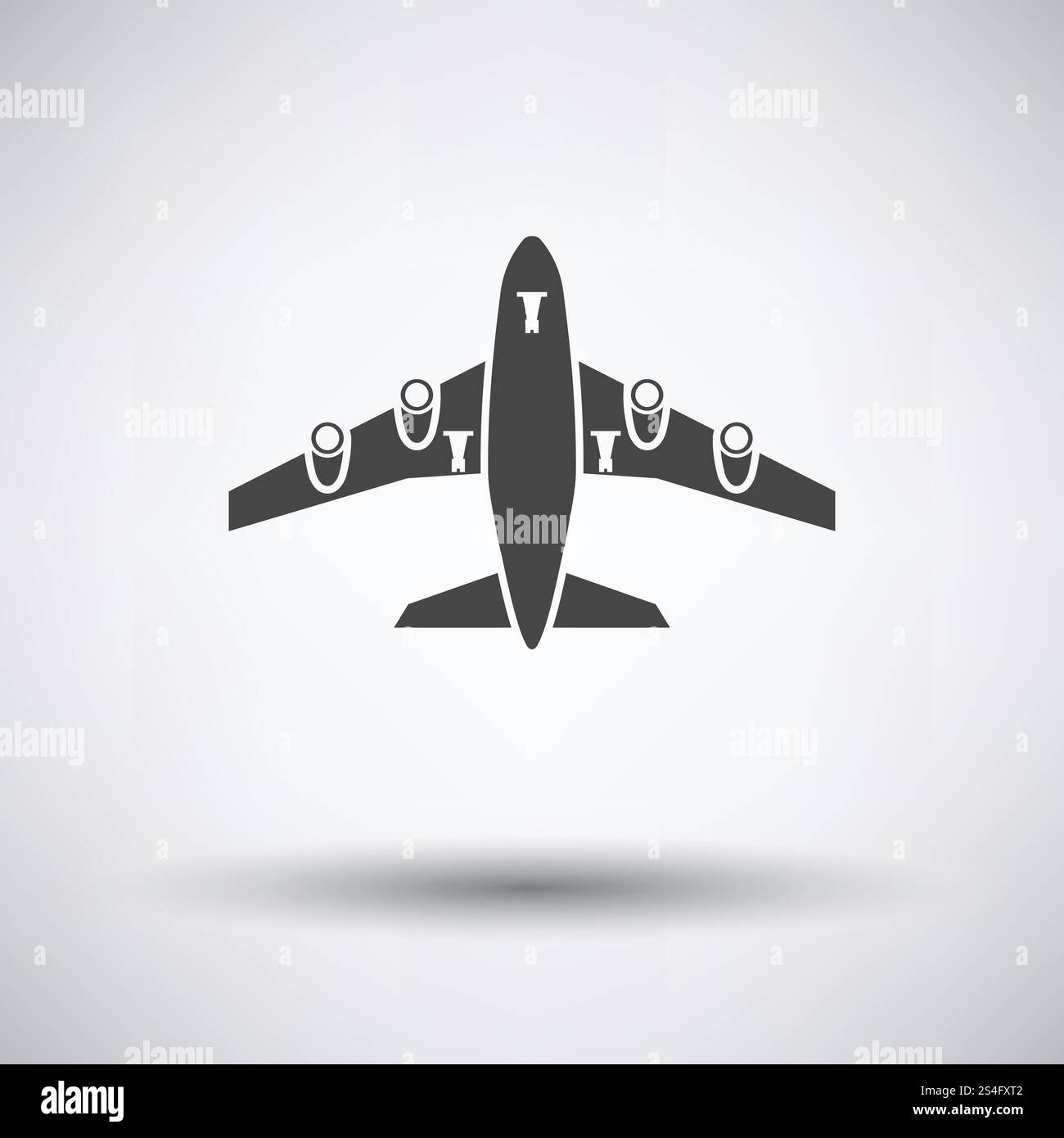 Airplane takeoff icon front view on gray background, round shadow ...