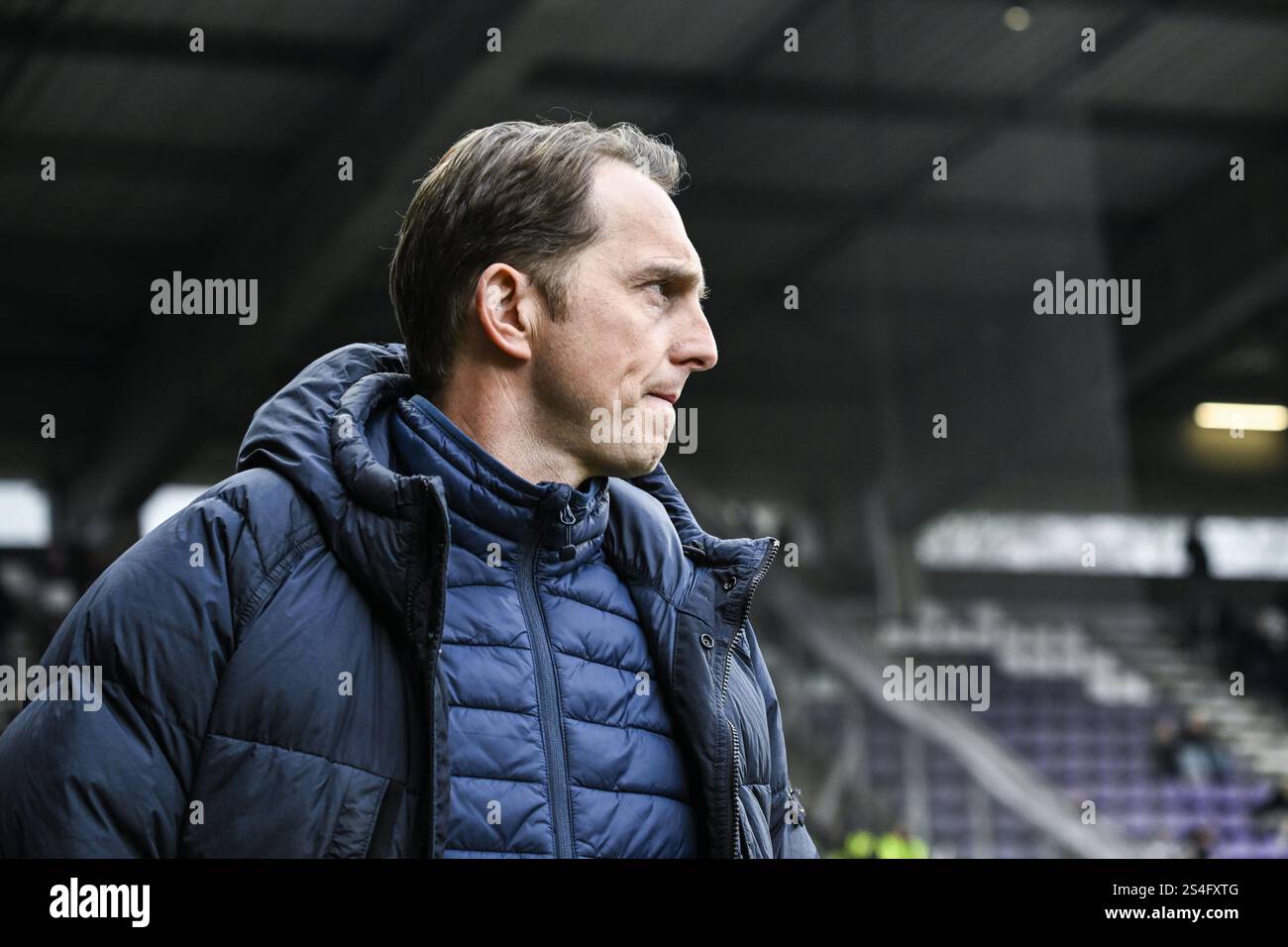 Antwerp, Belgium. 12th Jan, 2025. Antwerp's head coach Jonas De Roeck pictured before a soccer ...