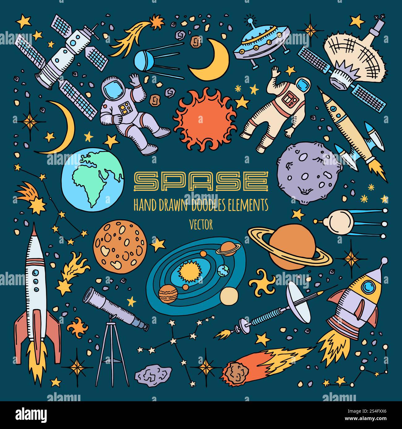 Space objects in universe. Vector hand drawn illustration. Space ...