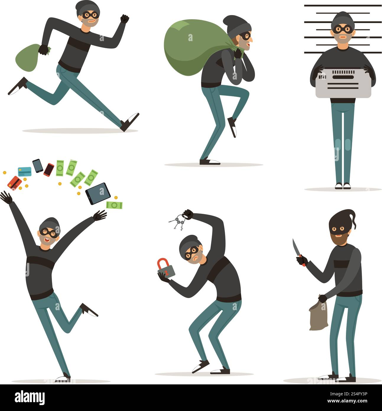 Different actions scenes with cartoon bandit. Vector mascot of thief in ...
