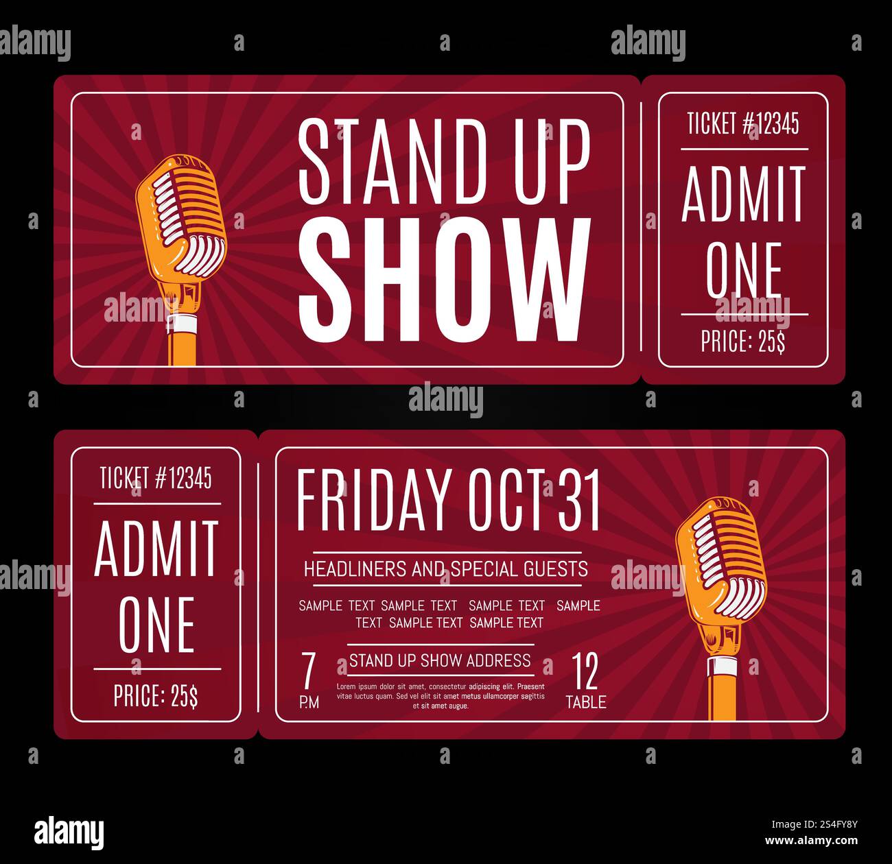 Vector stand up show tickets with retro microphone on sunburst ...