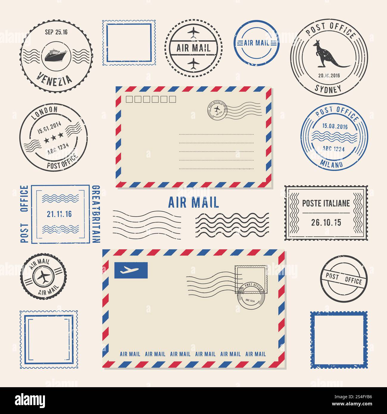 Vector illustrations of letters and postmarks, airmail designs. Antique ...