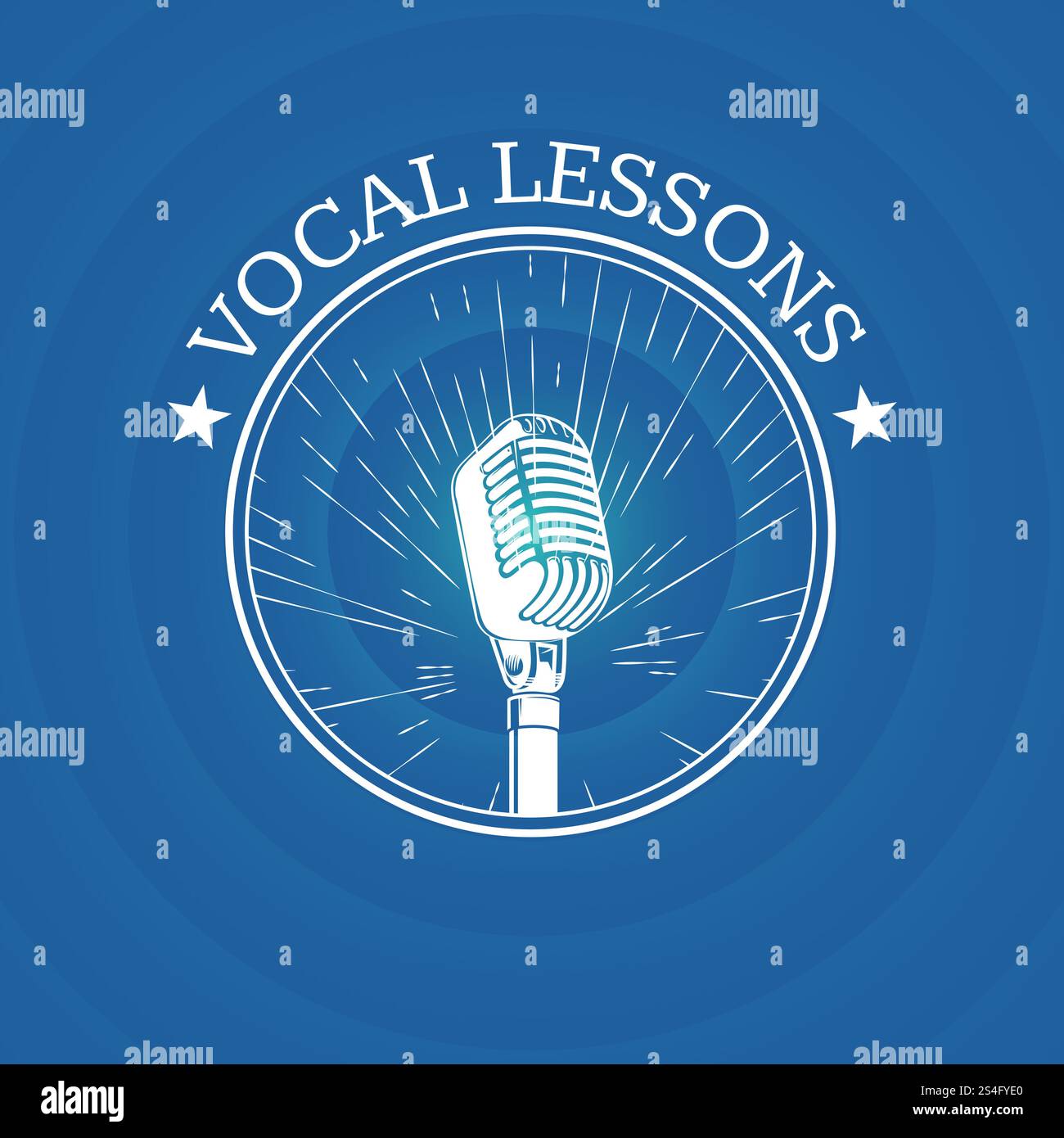 Vector vocal lessons logo with retro microphone on vintage sunburst ...