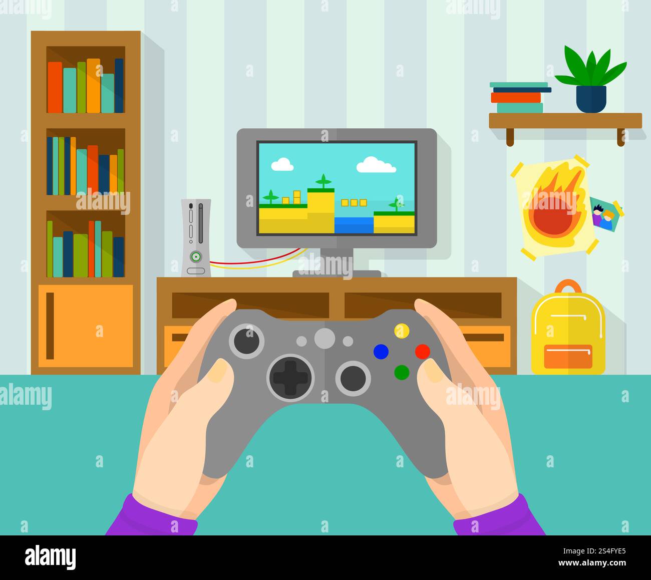 Interior of gamer room. Illustration of game controller in hands. Boy ...