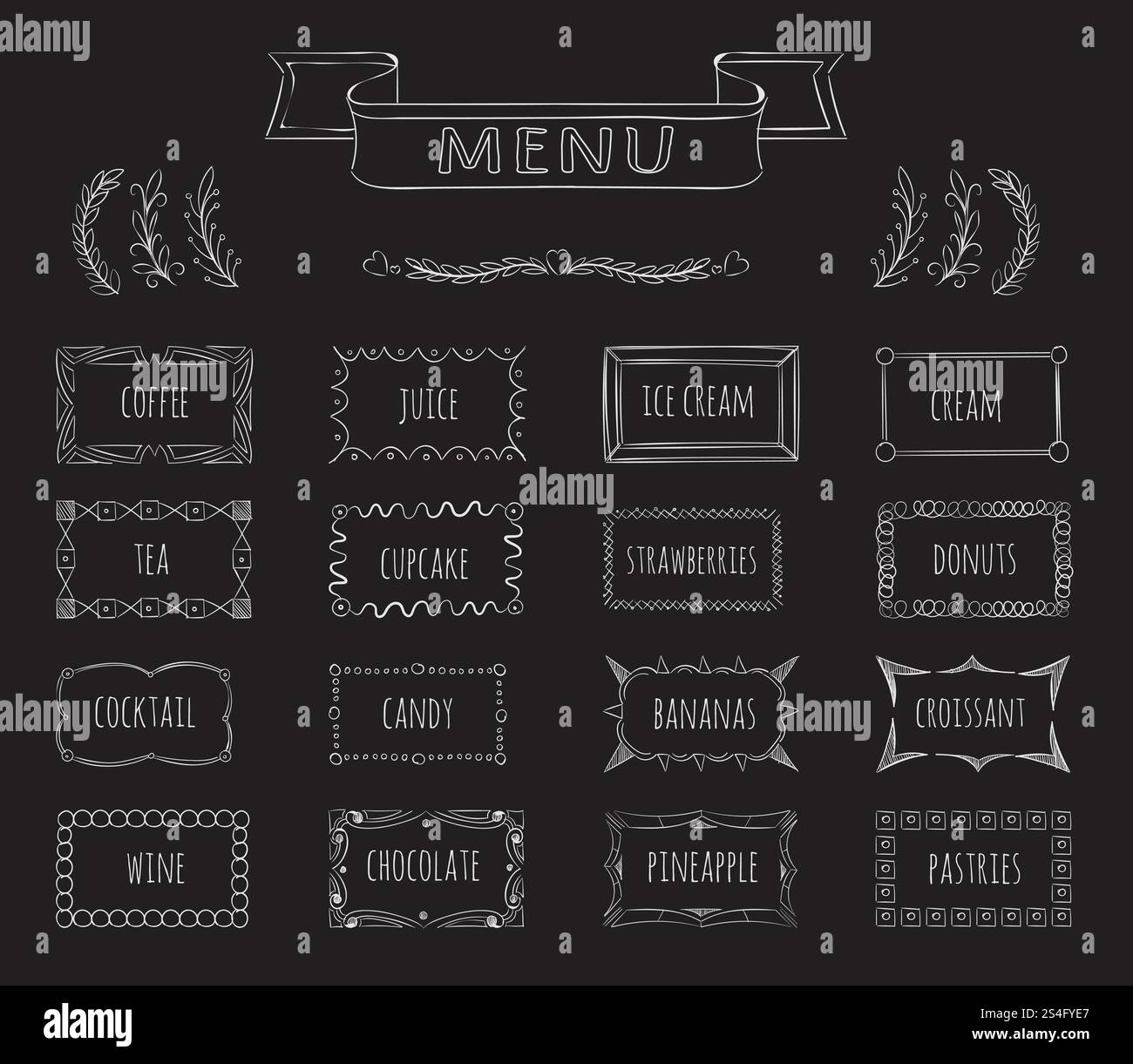 Cafe blackboard menu hand drawn set. Coffee and juice, ice cream and ...