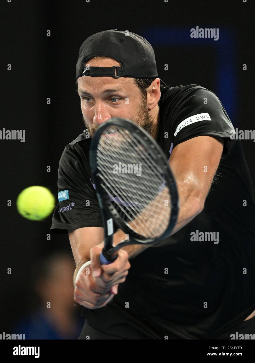 Melbourne, Australia. 12th Jan, 2025. Lucas Pouille of France returns during his round 1 match ...
