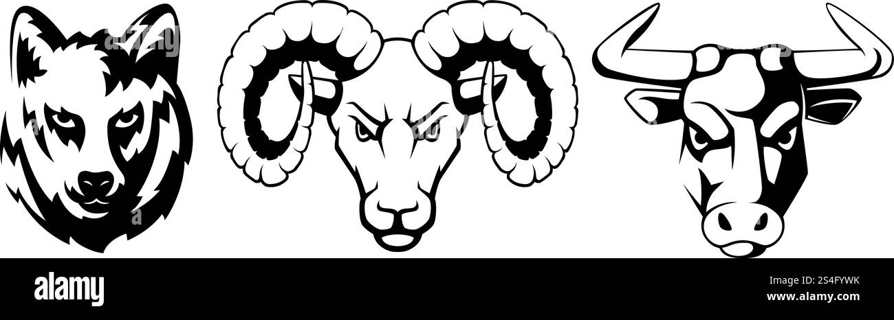 Sport emblems set with different animals. Wolf, ram and bulls. Vector ...