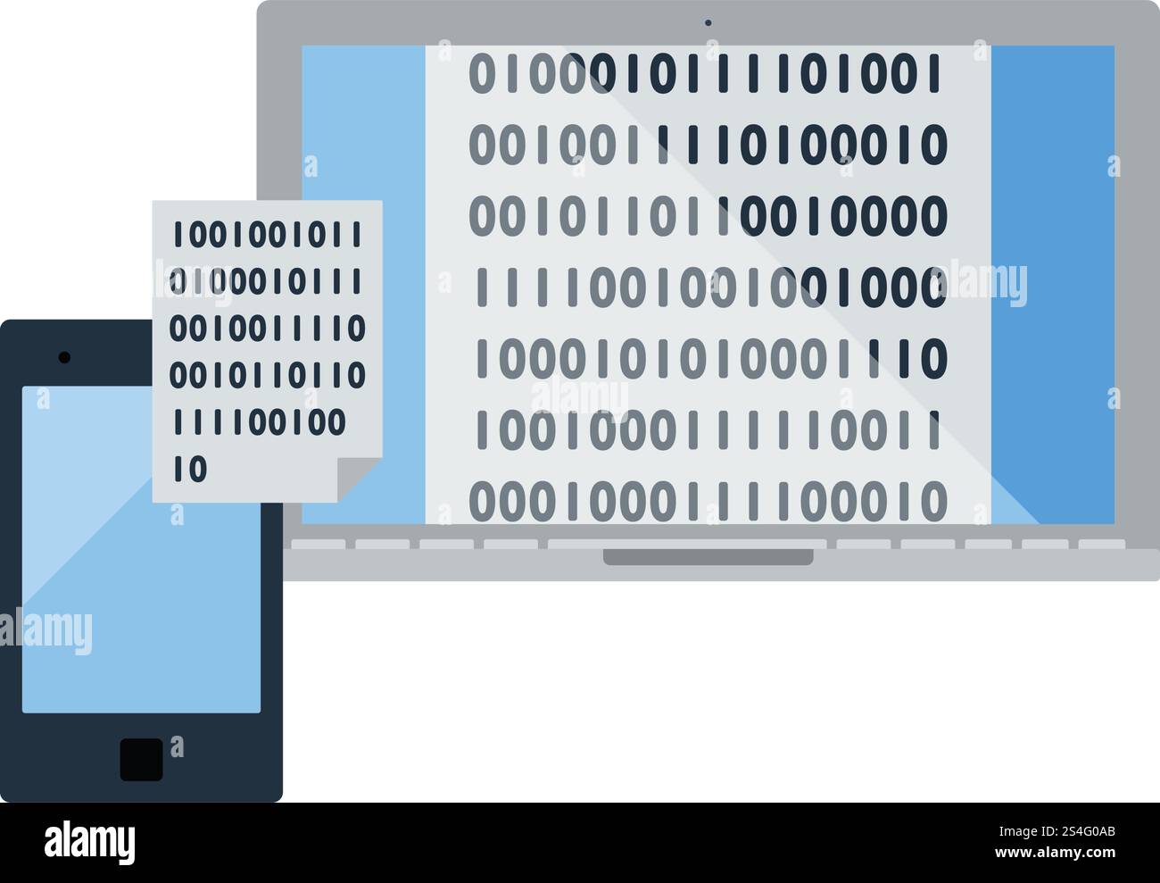 Exchanging Data Icon. Smartphone and Laptop With Binary Code on Screens. Flat color design. Data ...