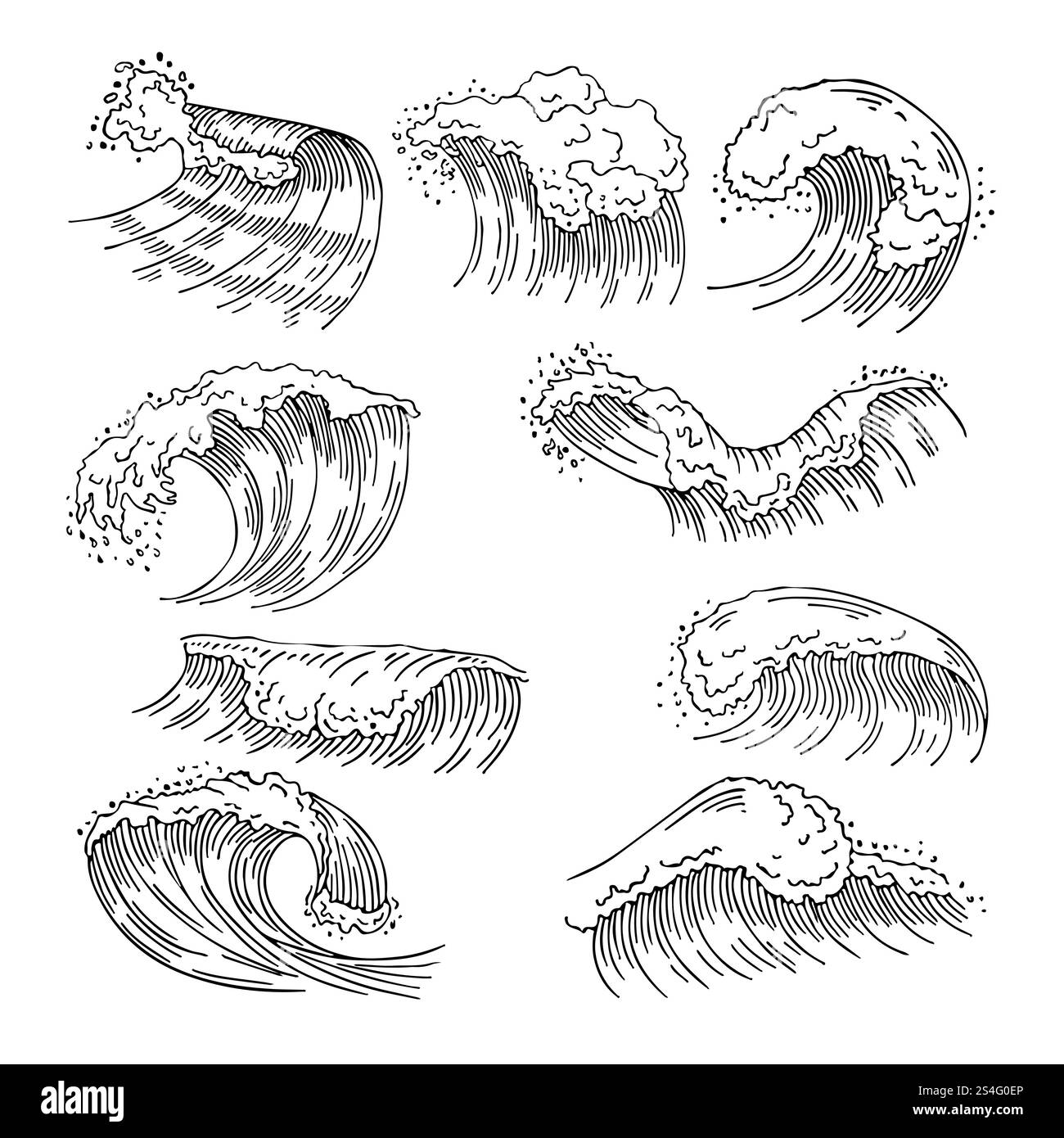 Marine illustrations of water splashes and big waves. Vector hand drawn ...