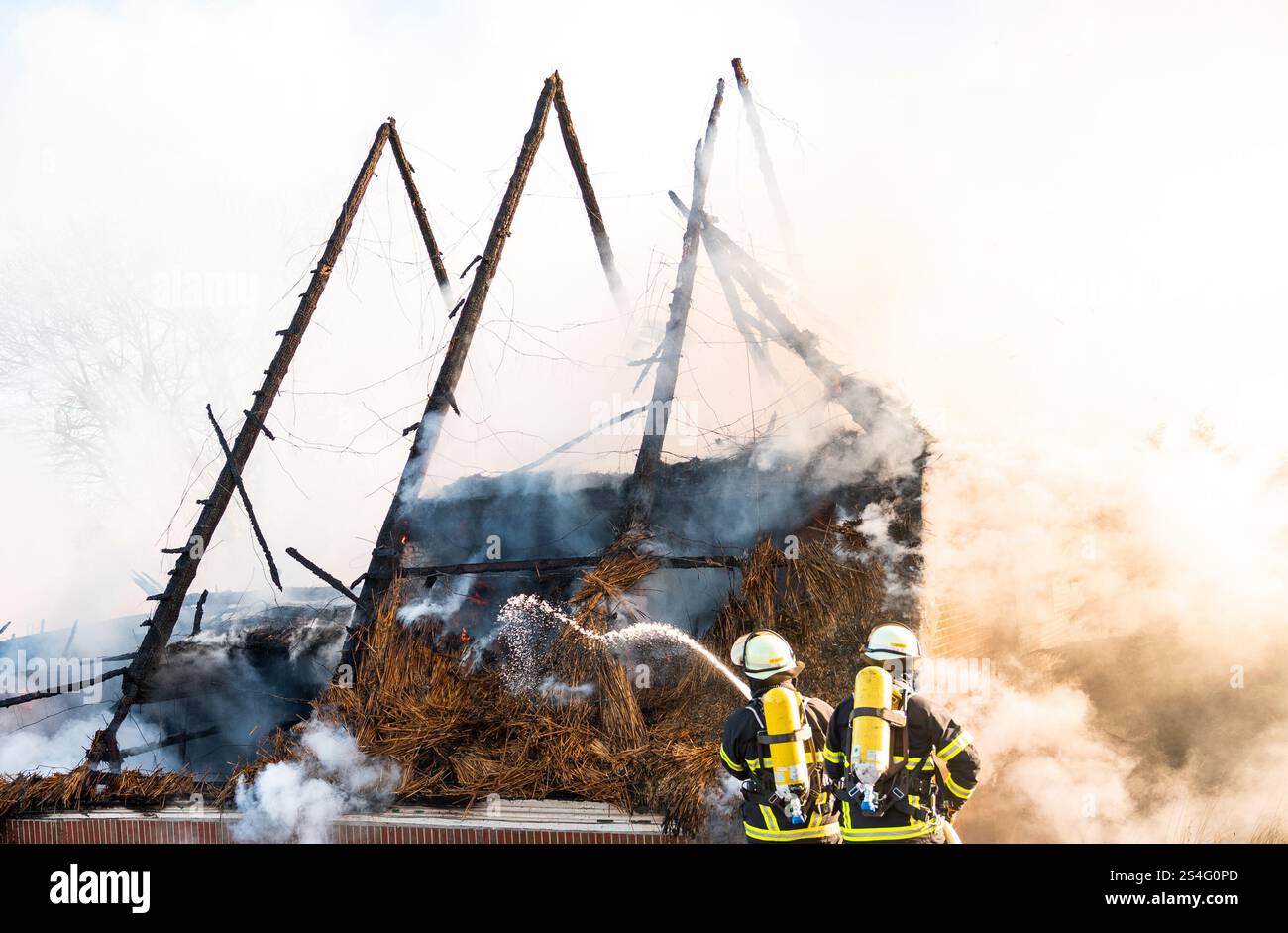 12 January 2025, Hamburg: Firefighters extinguish a burning thatched ...