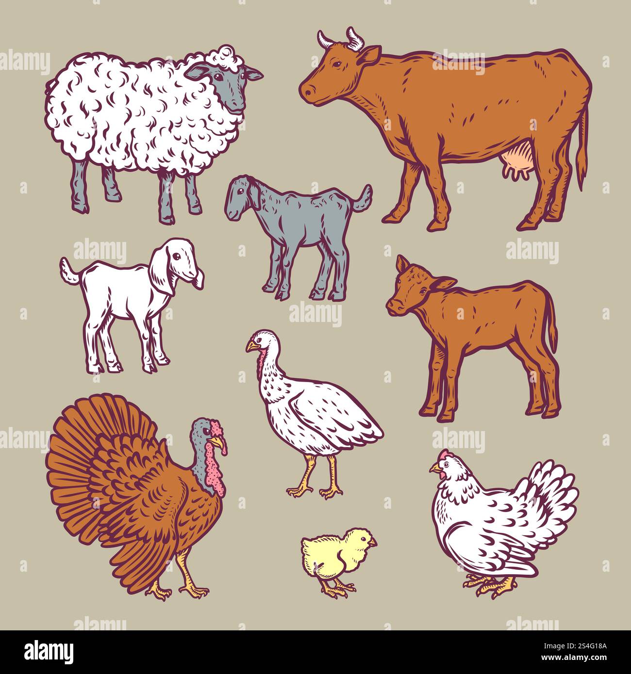 Farm animals detailed icon set. Cartoon illustration of 9 farm animals ...