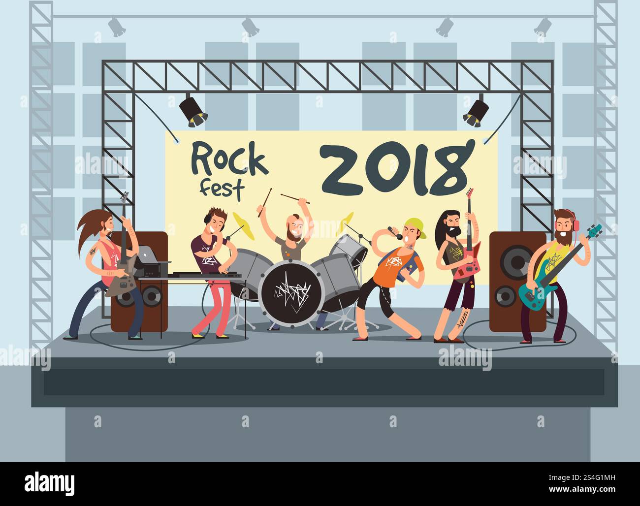 Music performance on stage with young musicians. Rock concert vector ...