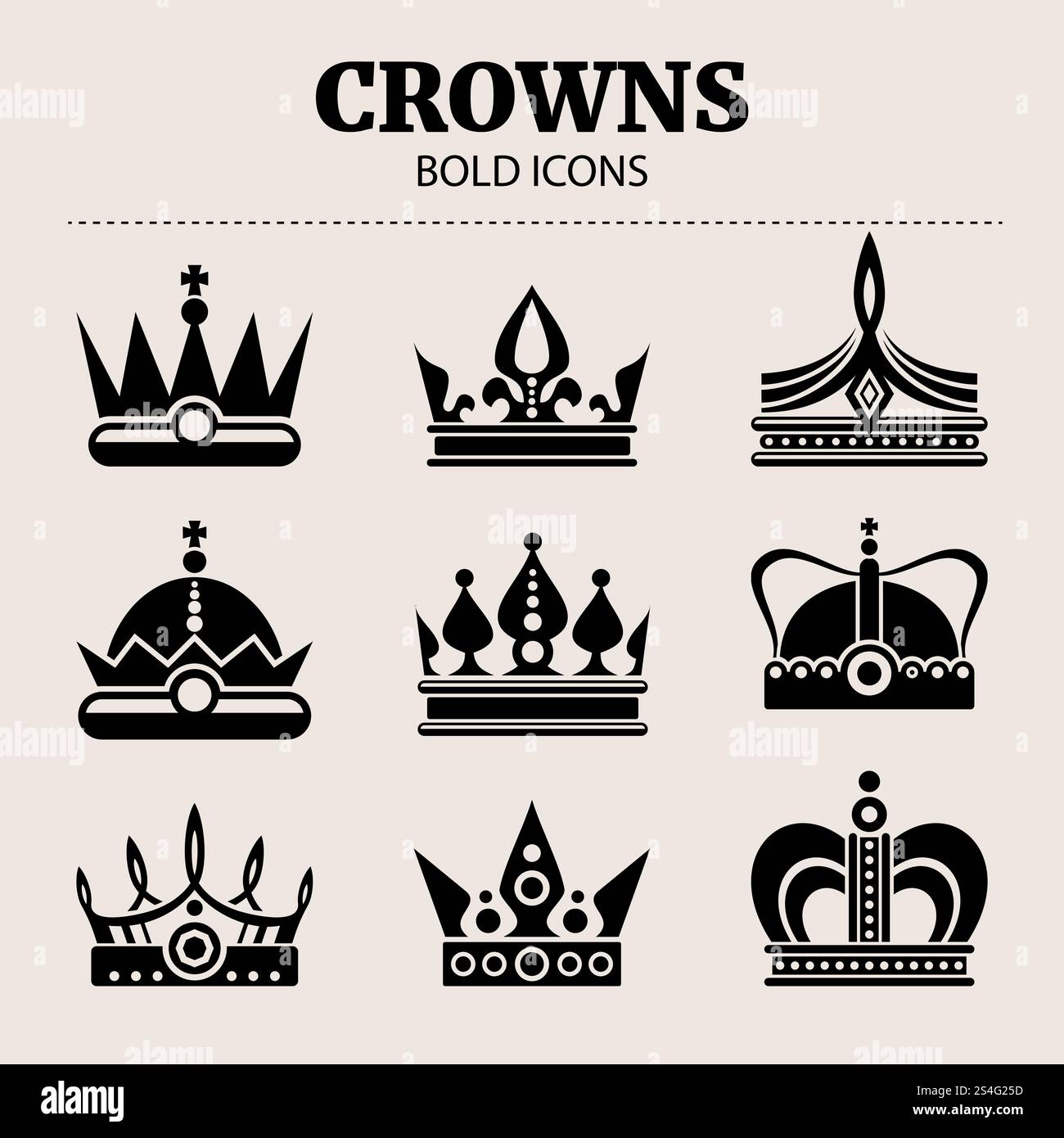Set of crowns. Vector flat illustration. Bold icons monochrome crown ...