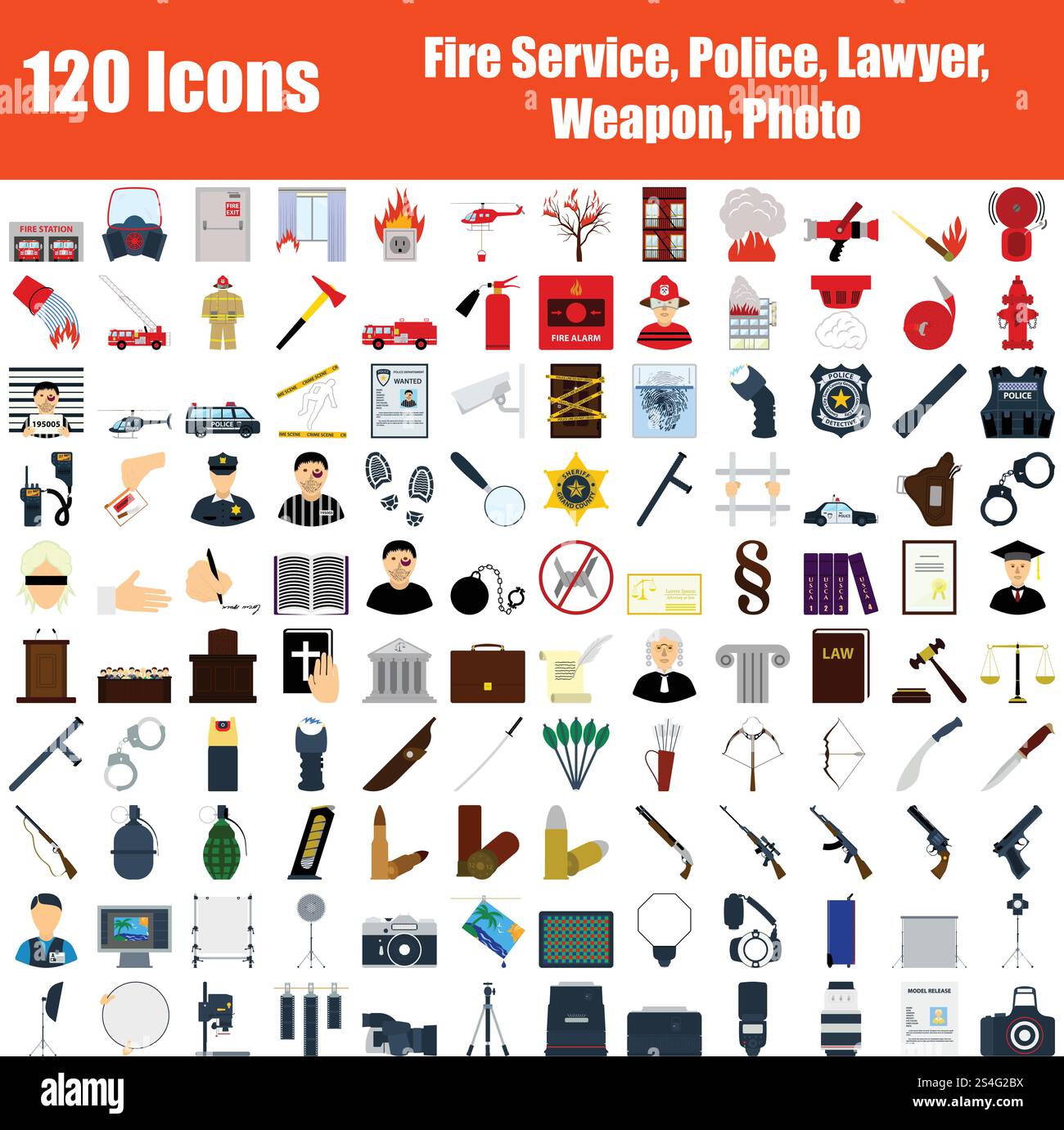 Set of 120 Icons. Fire Service, Police, Lawyer, Weapon, Photo themes ...