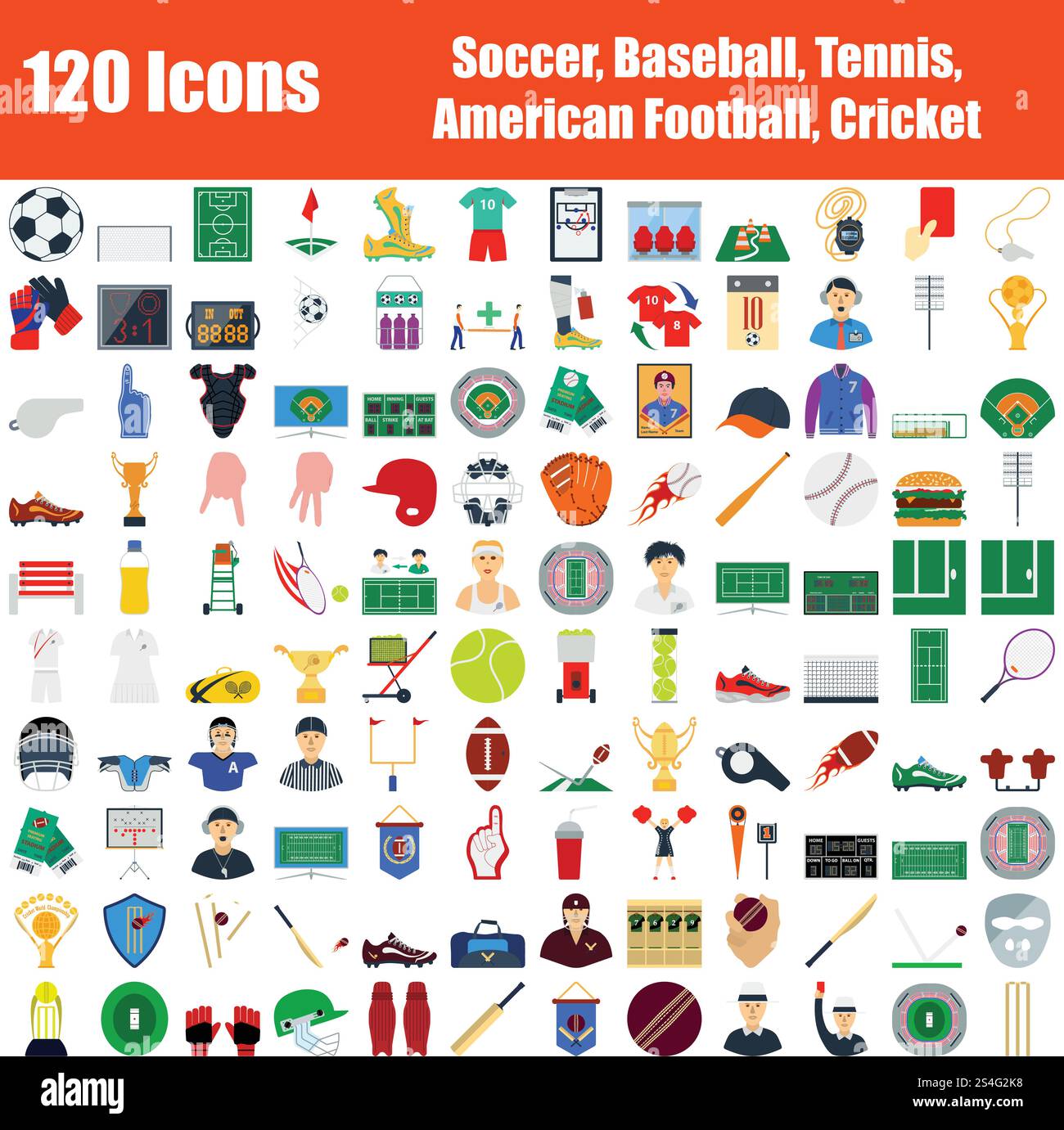 Set of 120 Icons. Soccer, American Football, Tennis, Cricket themes ...