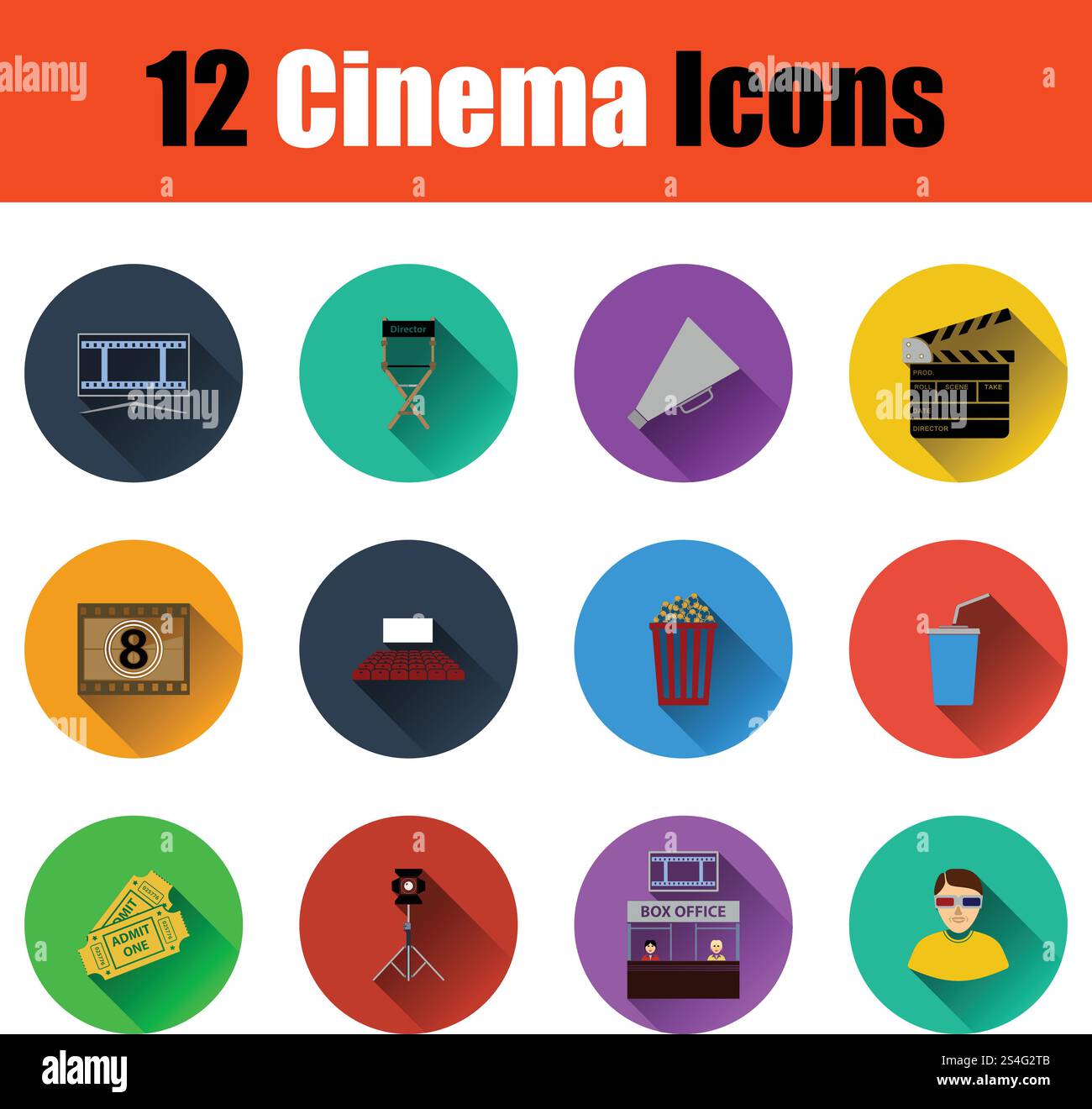Set of cinema icons. Full color with shadow flat design. Vector ...