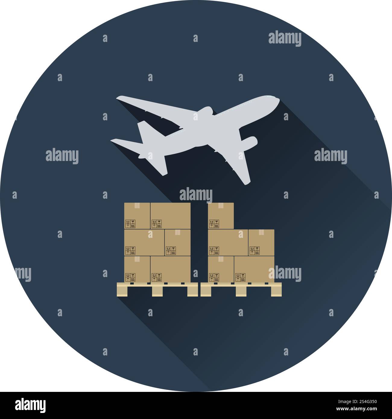Boxes on pallet under airplane. Logistic concept icon. Flat color with ...