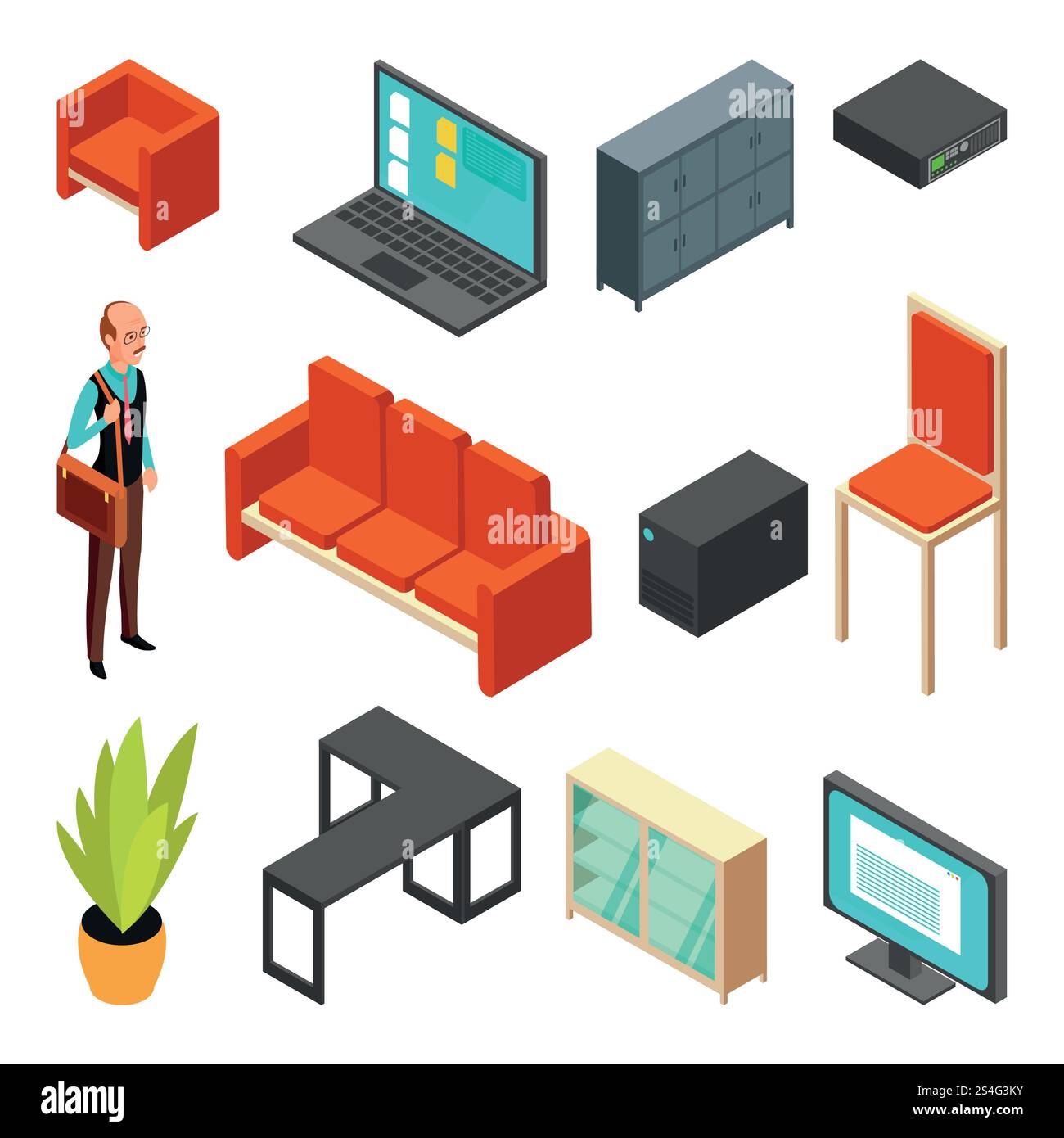 Set of office isometric icons. Sofa, chair, armchair, system unit ...