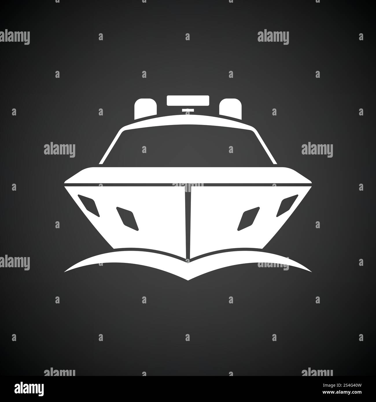 Motor yacht icon front view. Black background with white. Vector ...