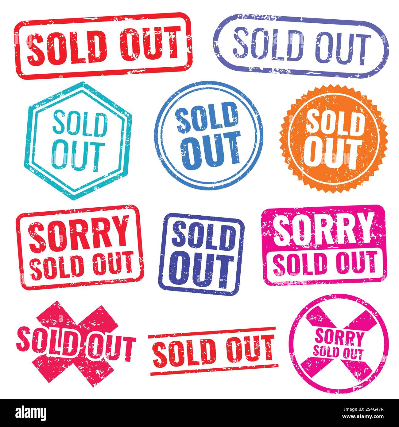 Sold out stamps with grunge texture isolated vector labels set. Colored ...