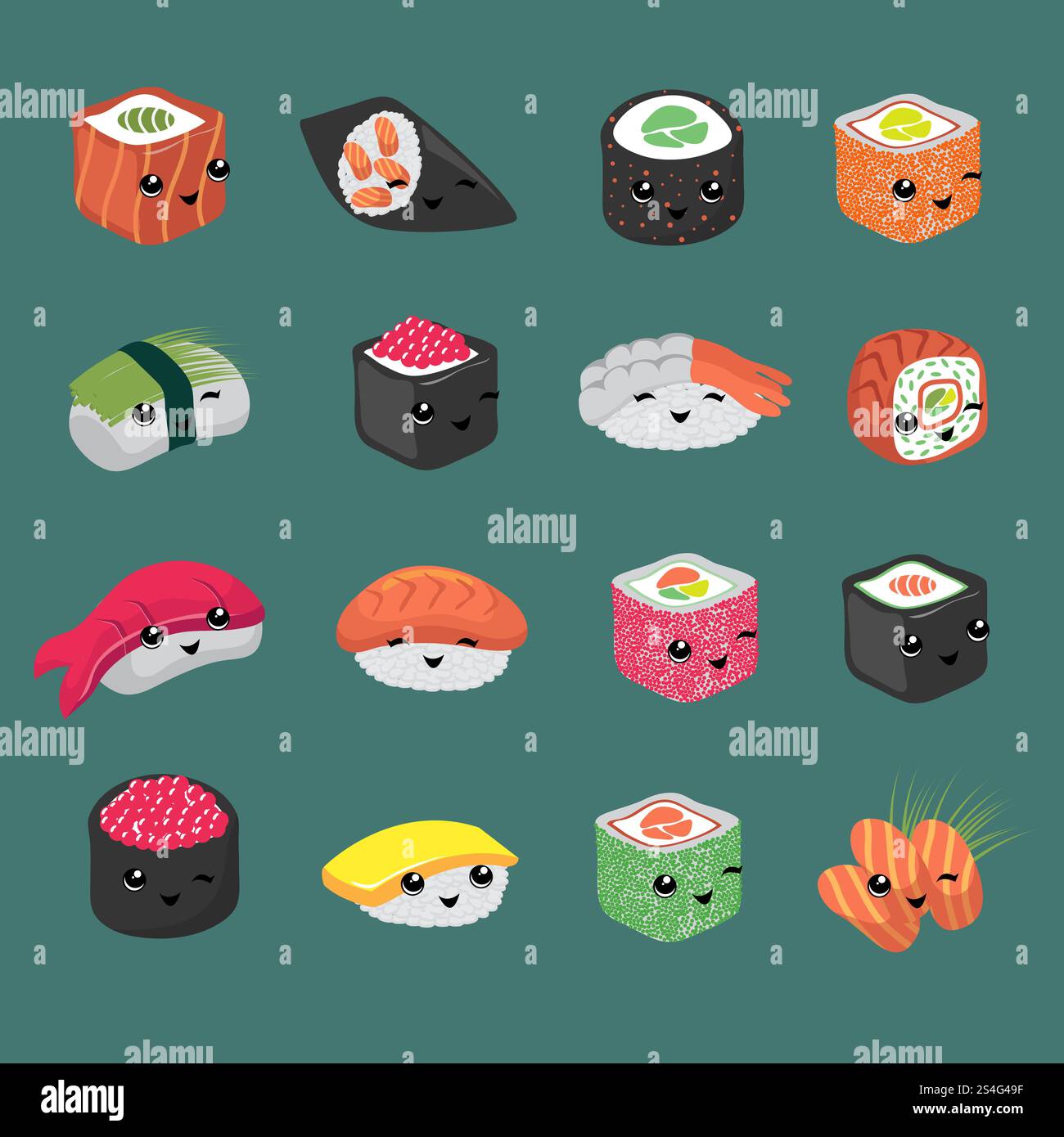 Cute and fun japanese sushi vector cartoon characters. Illustration of ...