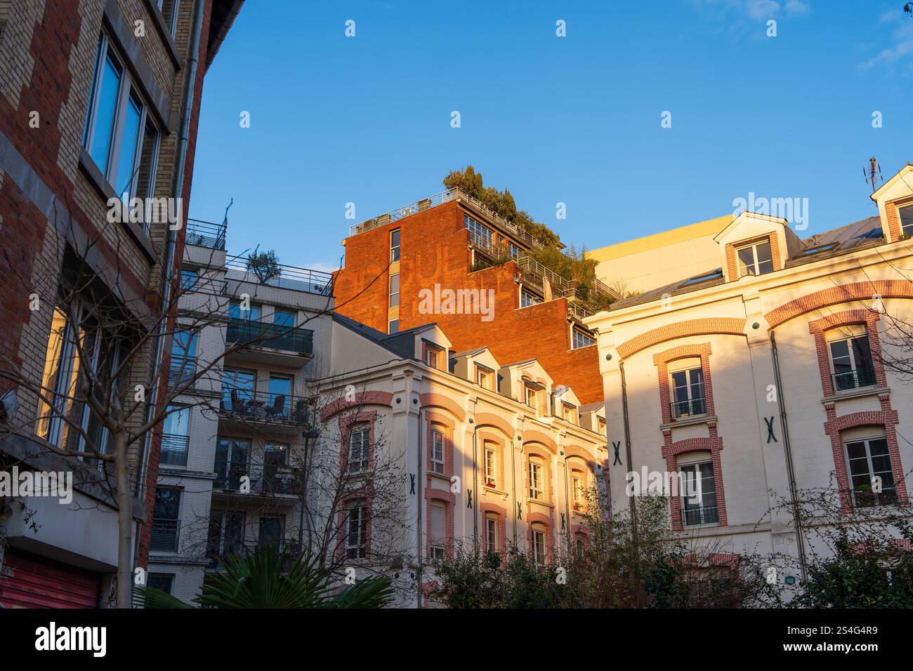 Urban architecture showcases diversity in styles under evening light ...