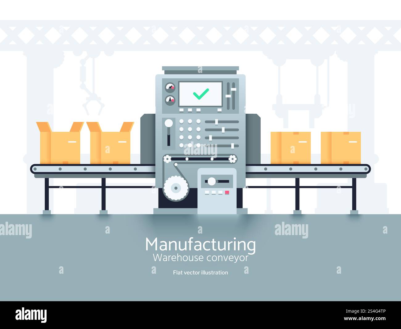 Manufacturing warehouse conveyor. Assembly production line flat vector ...