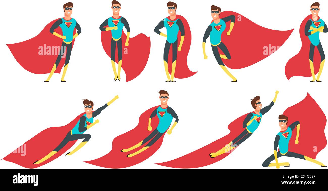 Superhero man in different poses. Cartoon superheroes vector comic ...