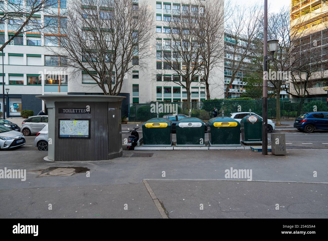 Public restroom facilities and waste bins near residential area Stock ...