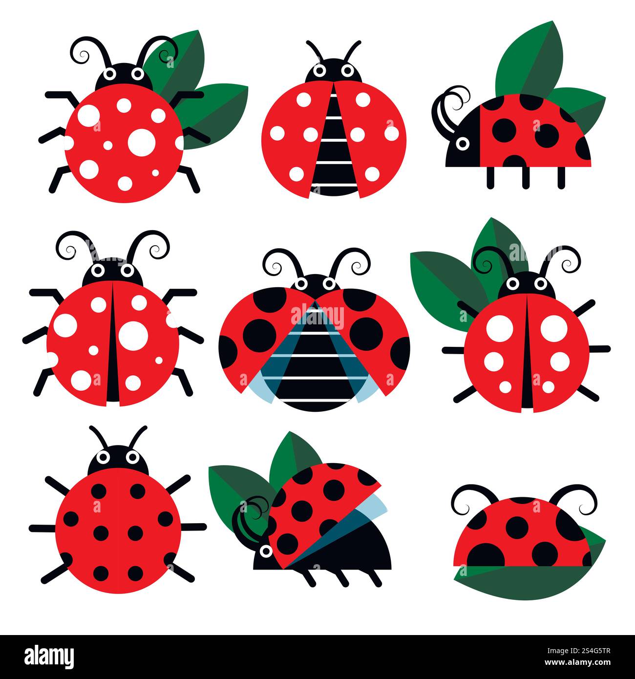 Cute ladybug vector icons. Cartoon-style bugs and leaves. Cartoon ...