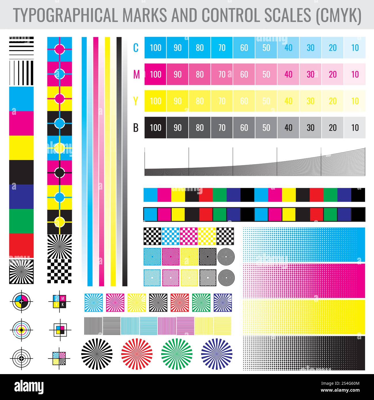 CMYK press print marks and colour tone gradient bars for printer test ...