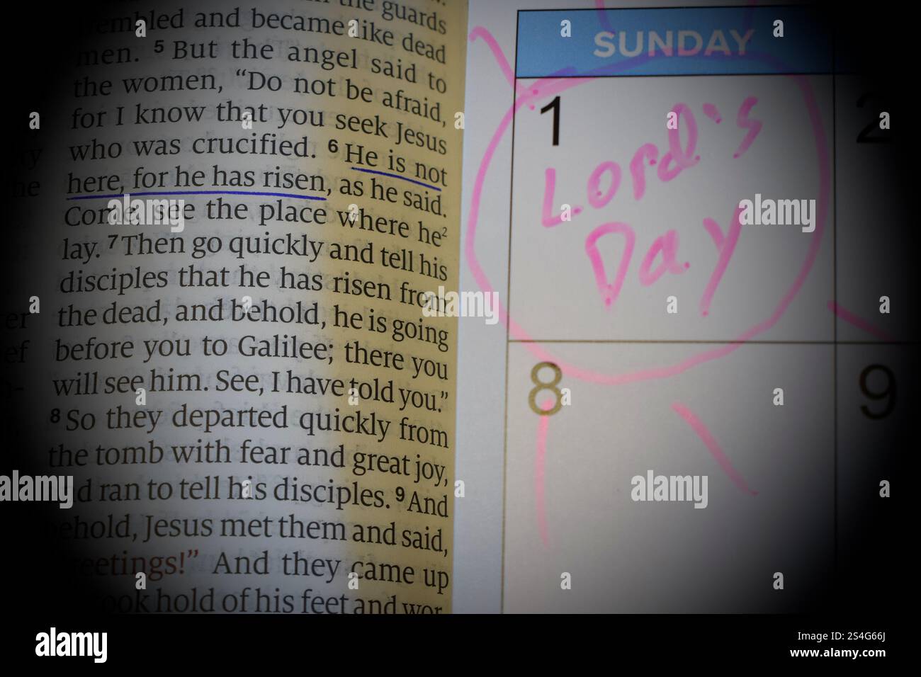 Bible opened to Matt. 28:6 with a calendar with Sunday falling on first ...