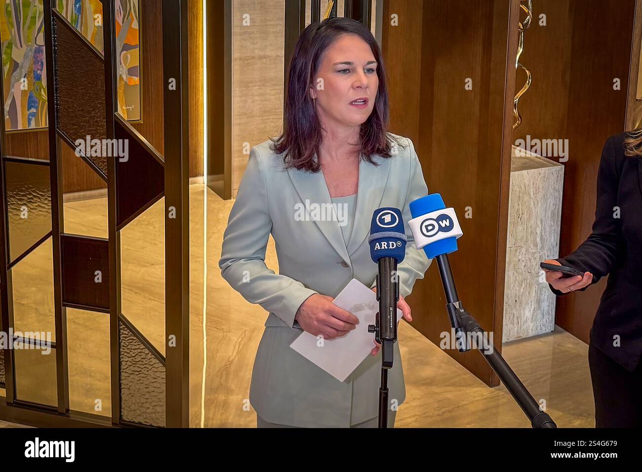 Germany's foreign minister Annalena Baerbock speaks to the press during ...