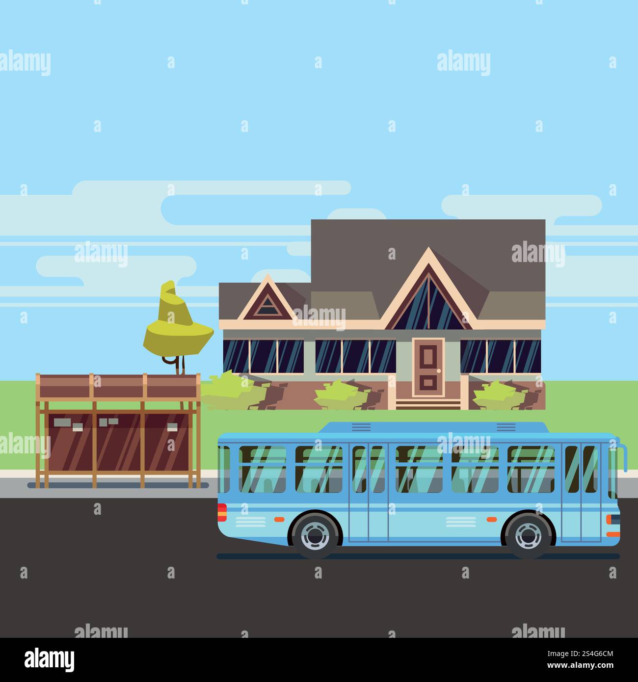 Residential old-style house with bus stop. Flat vector illustration ...