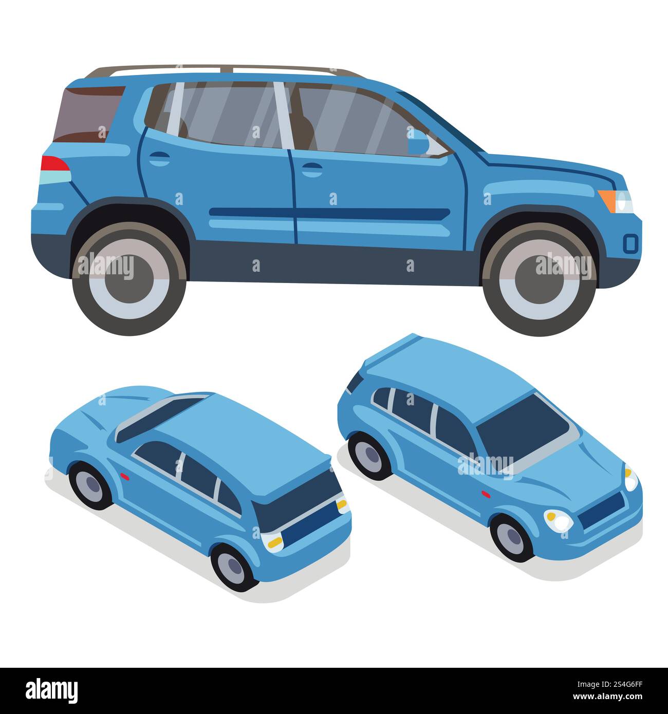 Vector flat-style cars in different views. Blue suv. Car transport blue ...