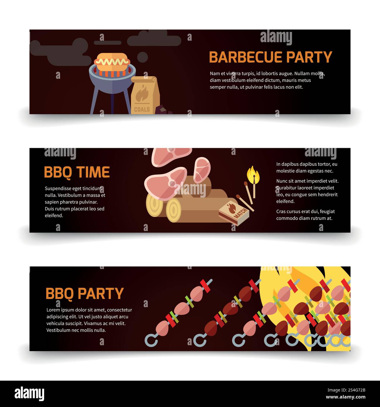 BBQ and steak horizontal banners template. Meat, coal, firewood and ...