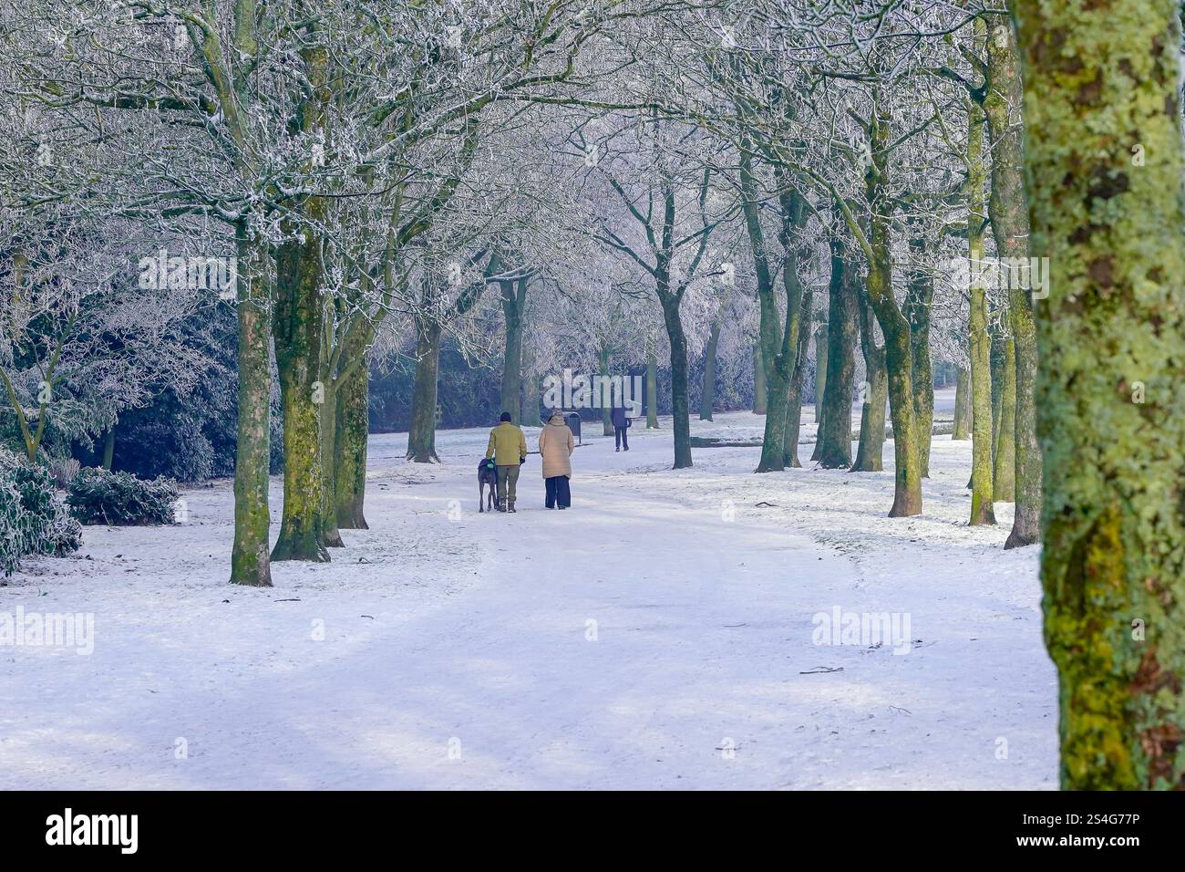2025 starts with a covering of snow in Victoria Park Widnes, Cheshire ...