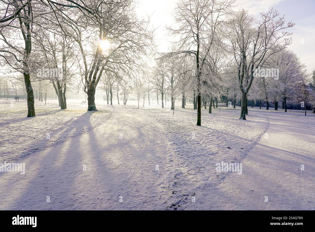 2025 starts with a covering of snow in Victoria Park Widnes, Cheshire ...