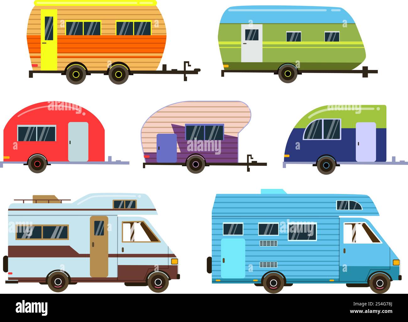 Campers cars set. Different resort trailers. Vector pictures in flat style. Travel trailer ...